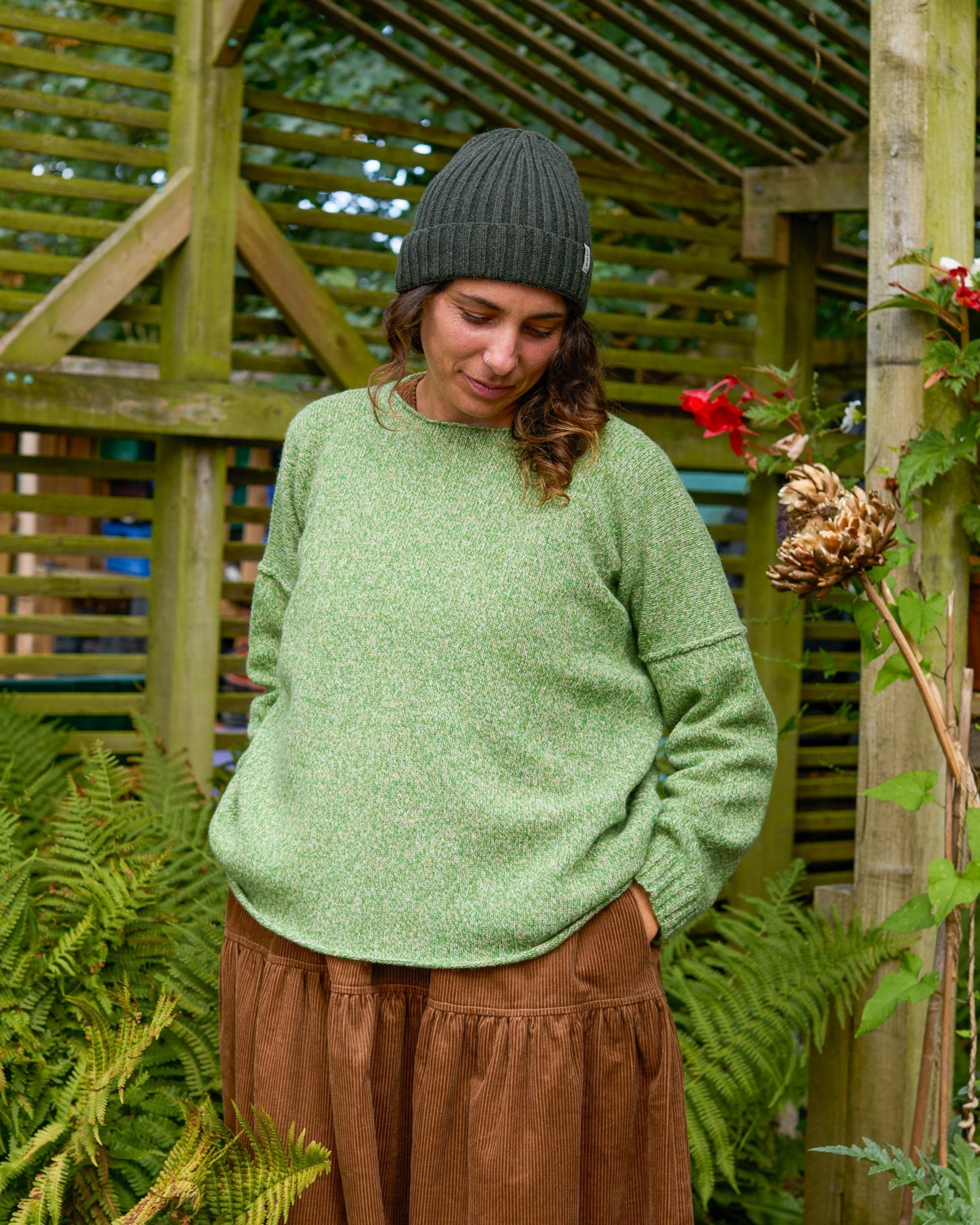 Womens Green Marl Boxy Wool Jumper Handmade in UK – Rove Knitwear